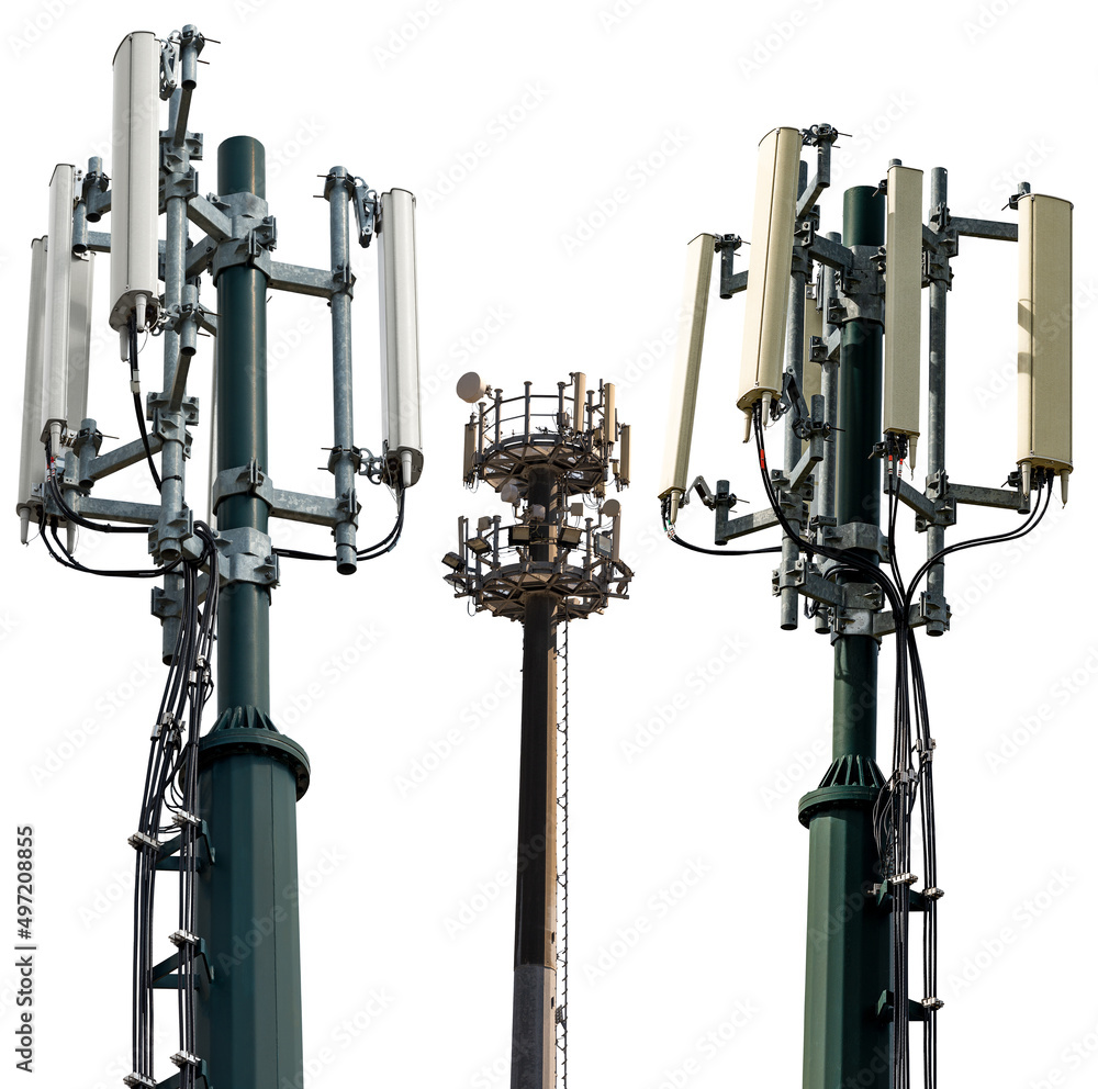 Collection of three Telecommunications Towers with antennas for mobile ...