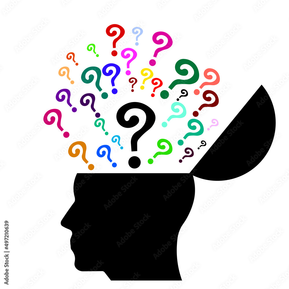 vector icon man thinking, thoughts, colored question marks fly out of ...