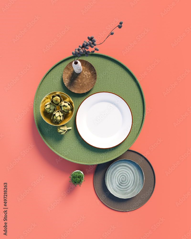 Asian food table setting, Top view, green and white dishes display set ...