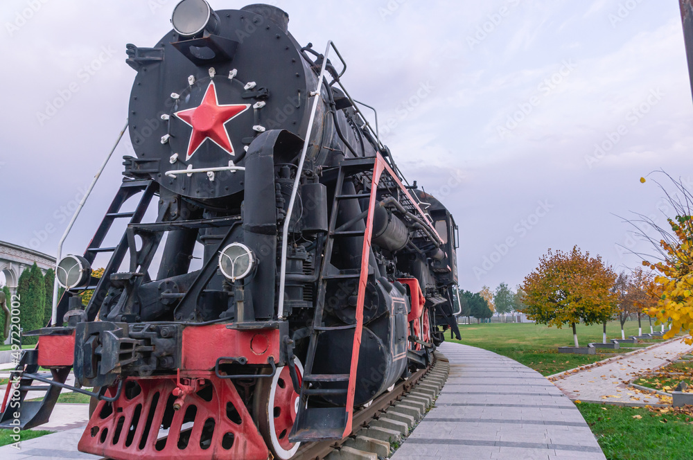 Old steam mainline freight locomotive. Steam engines. Front view of an ...