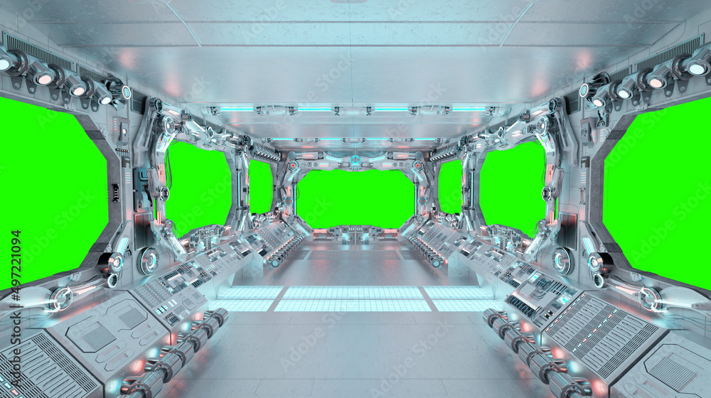 White spaceship interior with isolated window. Futuristic spacecraft ...