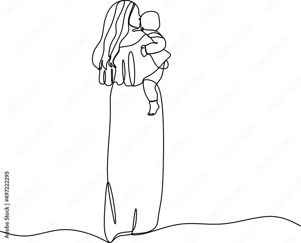 Abstract mother with a child in continuous one line drawing art style ...