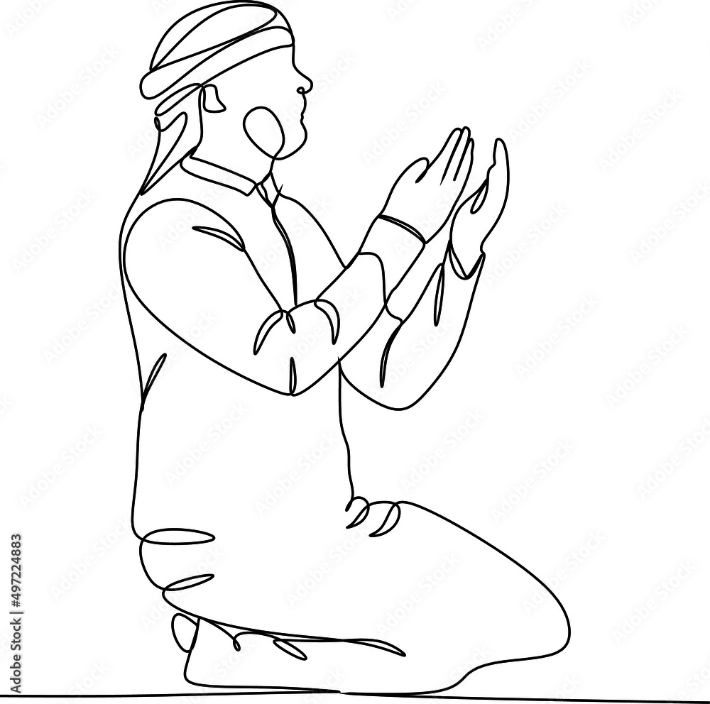 Single continuous line drawing of muslim person raise and open hands ...