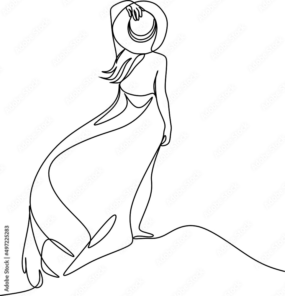 Continuous line art or One Line Drawing of a woman stretching arms is ...