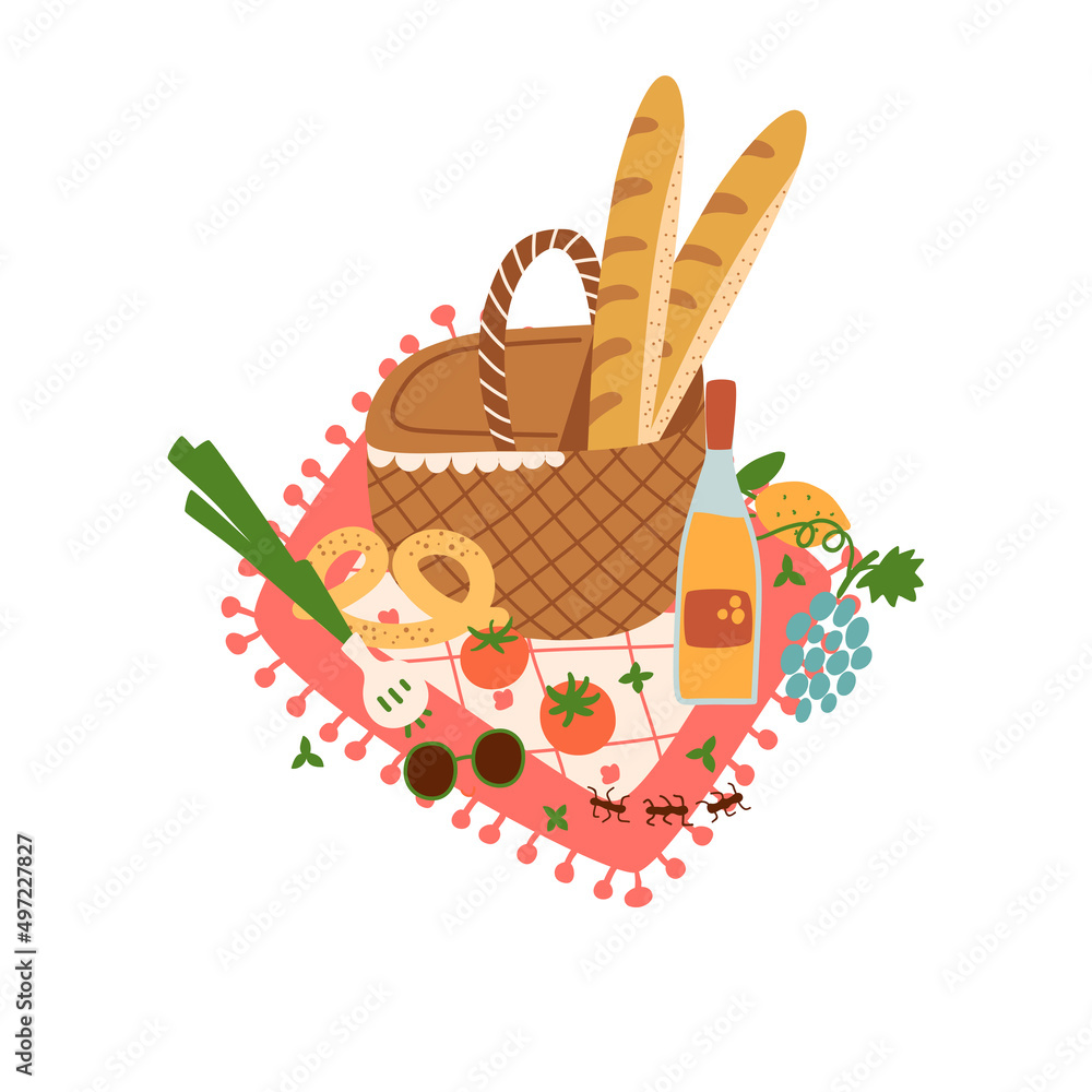 Picnic basket Summer picnic isolated element. Picnic basket on red ...