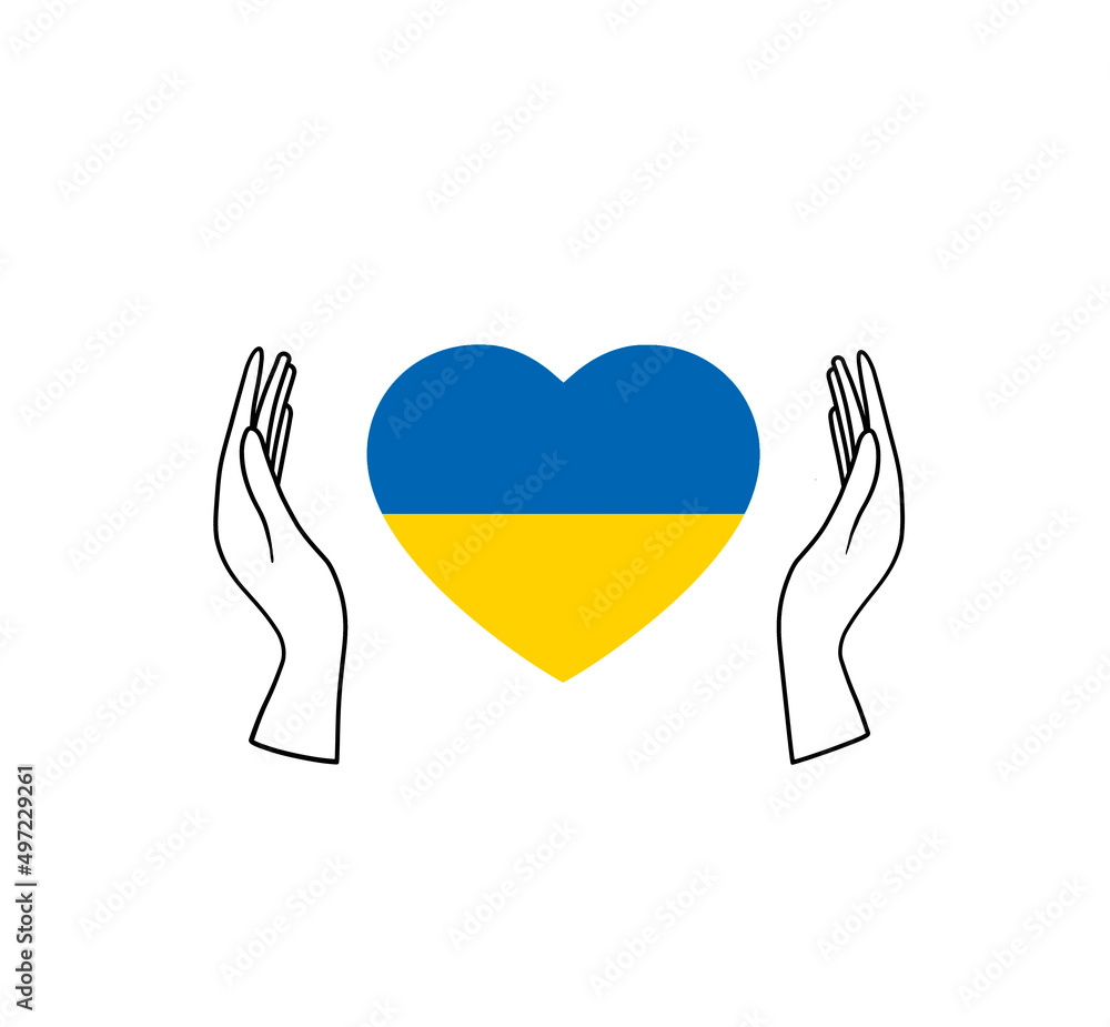 Support for Ukraine. Heart shaped flag icon in female palms. Save ...