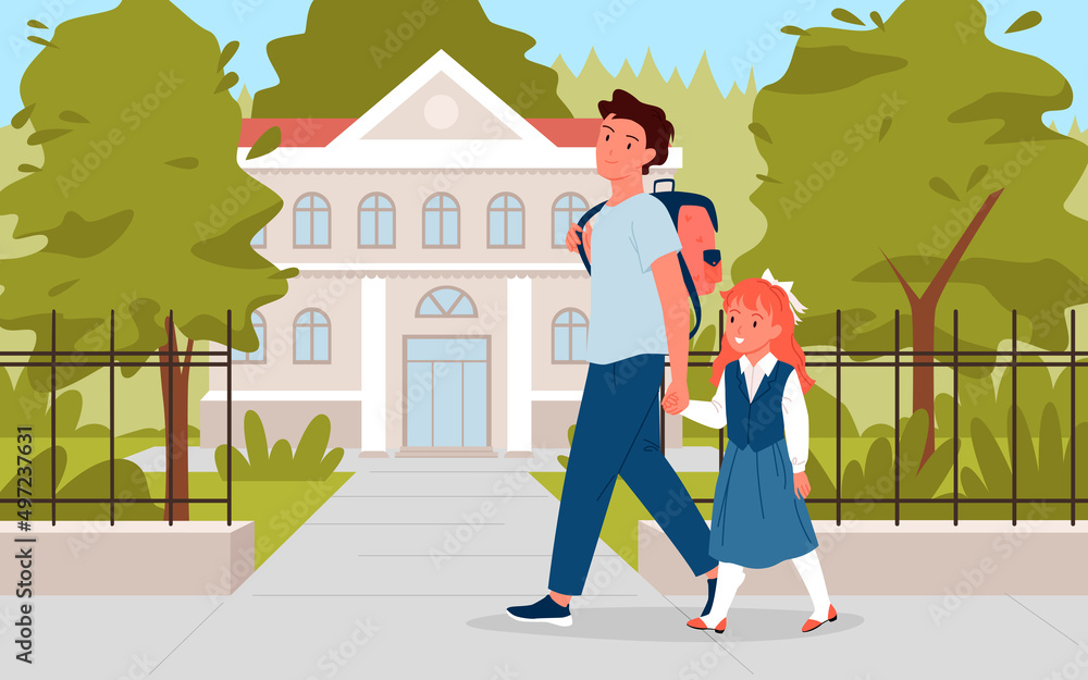 Happy father and cute little student go to school vector illustration ...