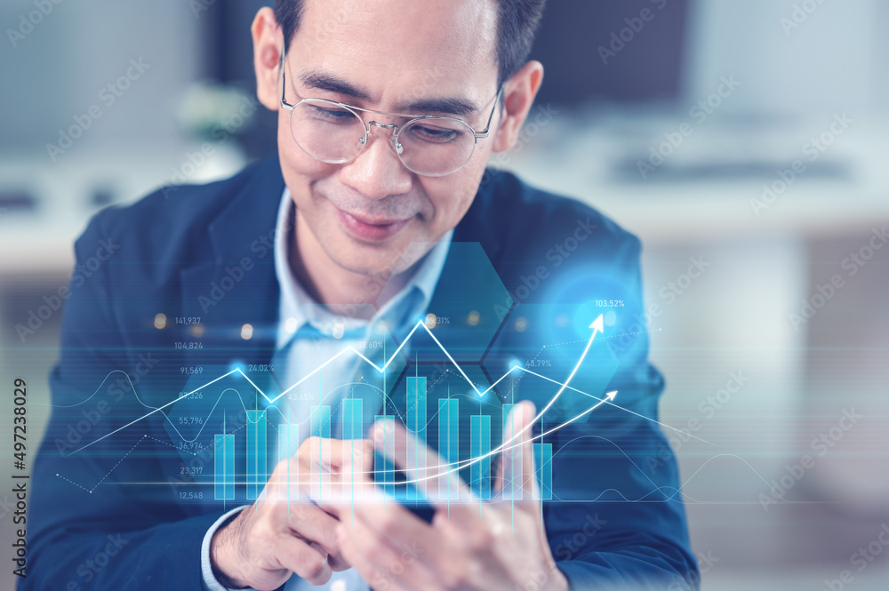 Businessman notice show Stock financial chart showing rising stock sign ...