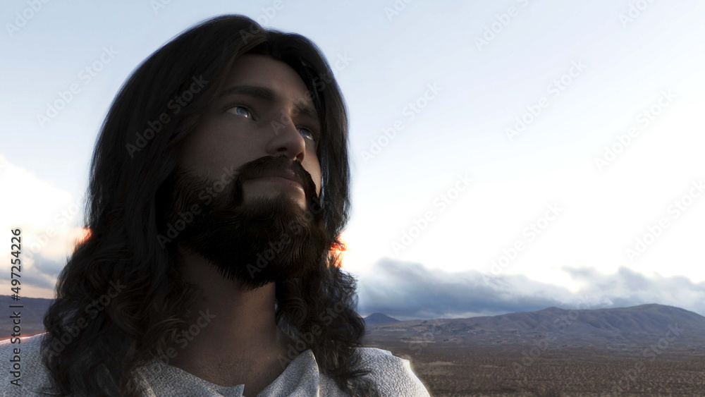 Jesus Christ looking up to Heaven in a deserted place Stock ...