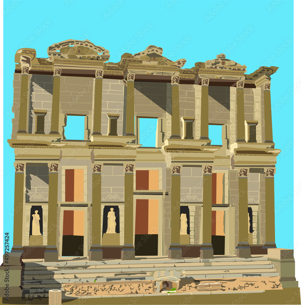 Vector Illustration of Ephesus. Turkey, Izmir, Selcuk. Library of ...
