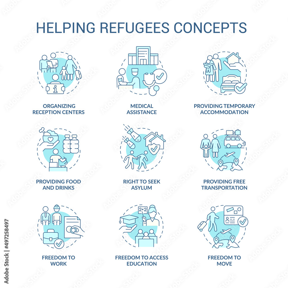 Helping refugees turquoise concept icons set. International asylum ...