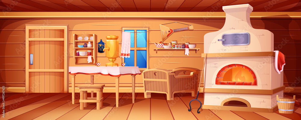 Cartoon russian hut interior with old kitchen. Ancient ukrainian house ...