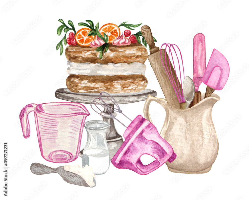 Baking watercolor set with kitchen utensils, mixer, cake, chocolate ...
