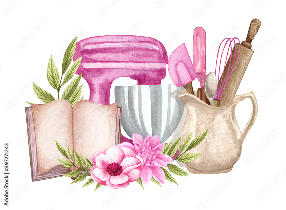 Baking watercolor set with kitchen utensils, mixer, chocolate ...
