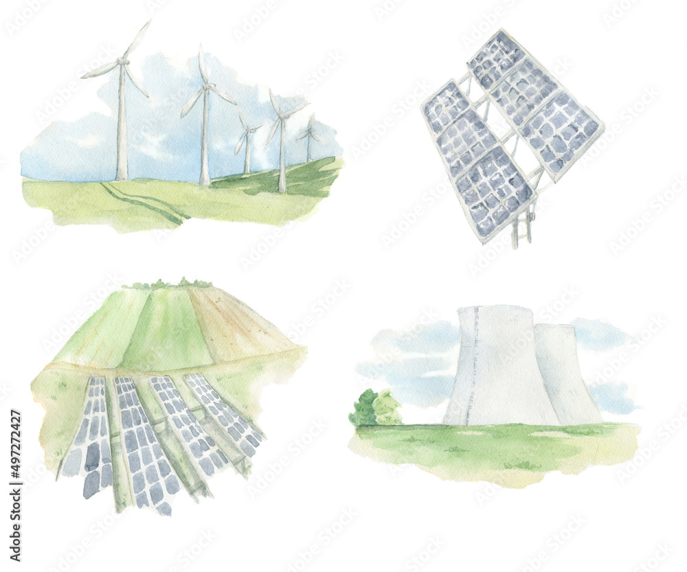 Renewable Power Sources with Windmills. Solar panels.nuclear ...