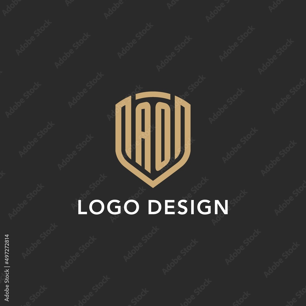 Luxury AO logo monogram shield shape monoline style with gold color and dark background Stock ...