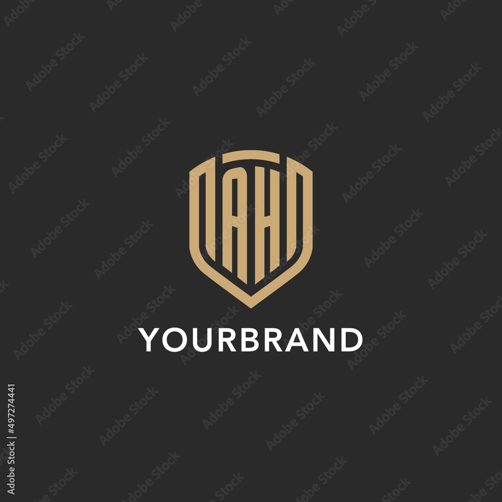 Luxury AH logo monogram shield shape monoline style with gold color and dark background Stock ...