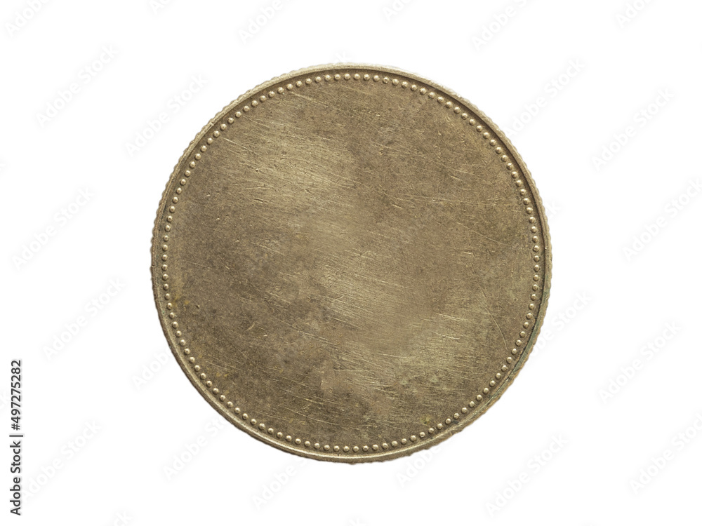 Closeup of a blank metal coin on a plain white background for ...