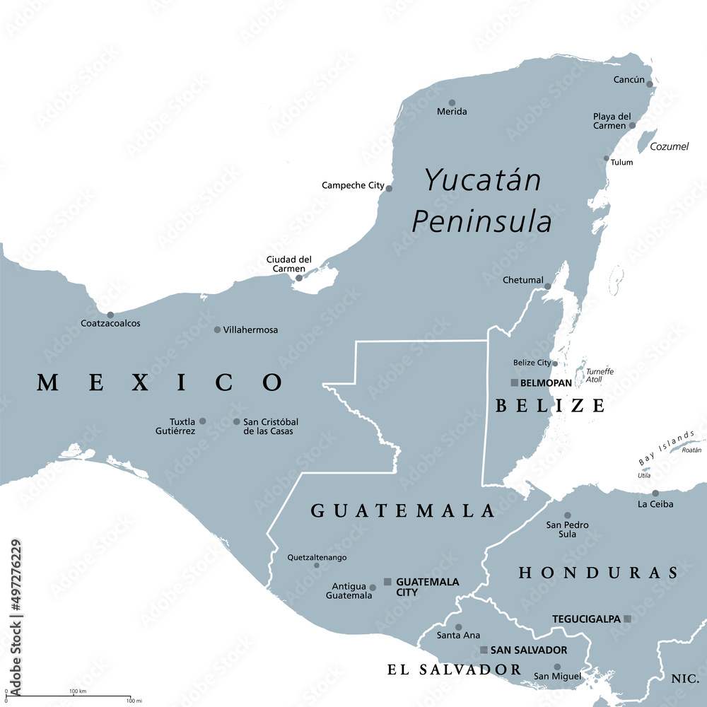 Yucatán Peninsula, gray political map. Peninsula in southeastern Mexico ...
