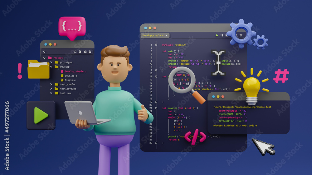 Programmer developer typing script source languages coding symbols icon development project data ...