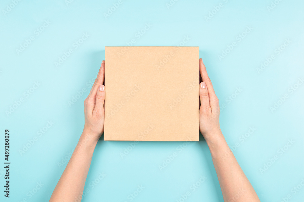 Female hands holding brown ecological package box made of natural ...