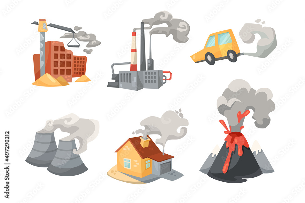 Sources of outdoor air pollution vector illustrations set. Cartoon ...