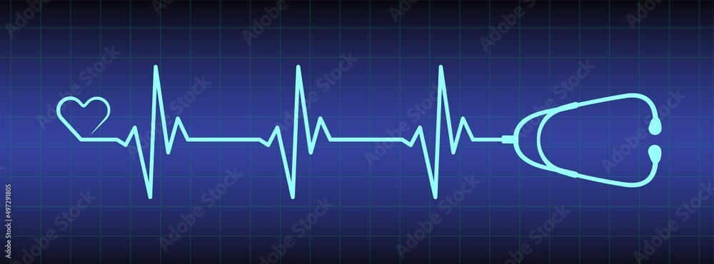 Stethoscope vector with ekg line design on blue monitor background ...