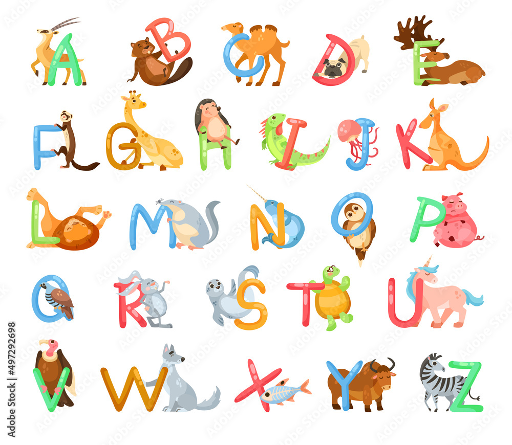 Animal characters with alphabet letters vector illustrations set ...