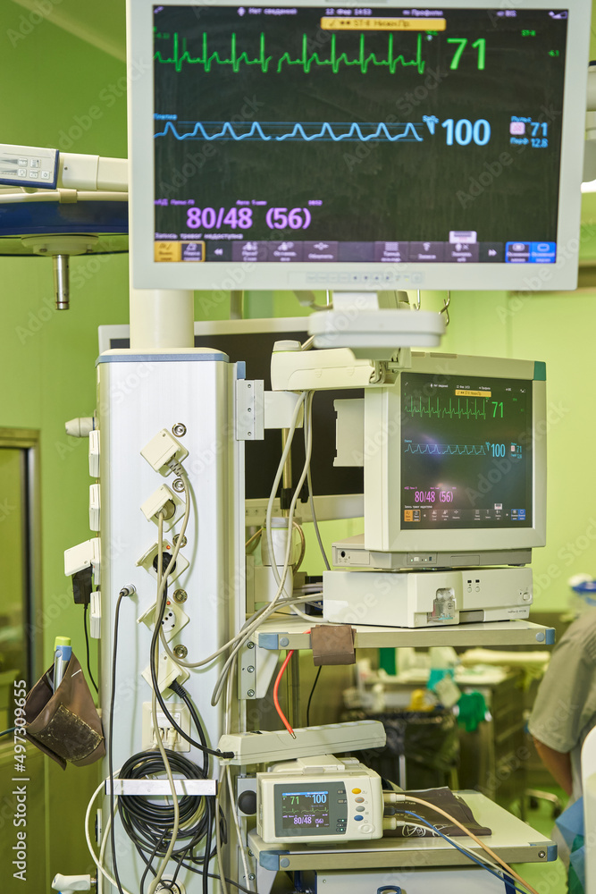 operating room equipment showing the heart rate. a heart monitor with ...