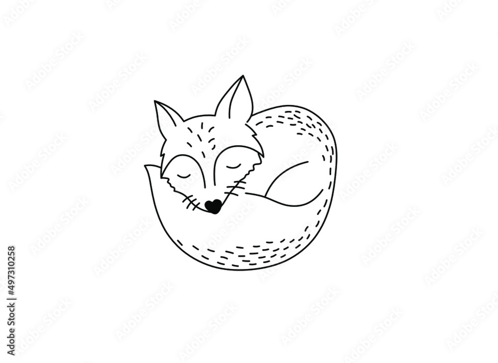 Vector isolated cute cartoon curled up sleeping fox colorless black and ...