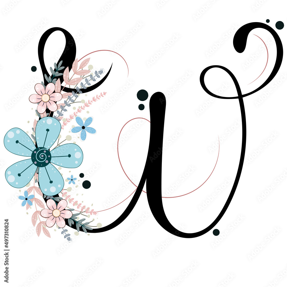 Alphabet letters floral. LETTER W vector with flowers and leaves ...