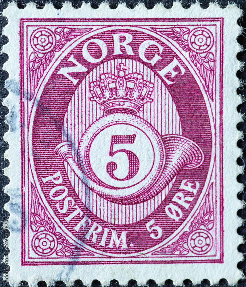 Norway - circa 1962: a postage stamp from Norway , showing a post horn ...