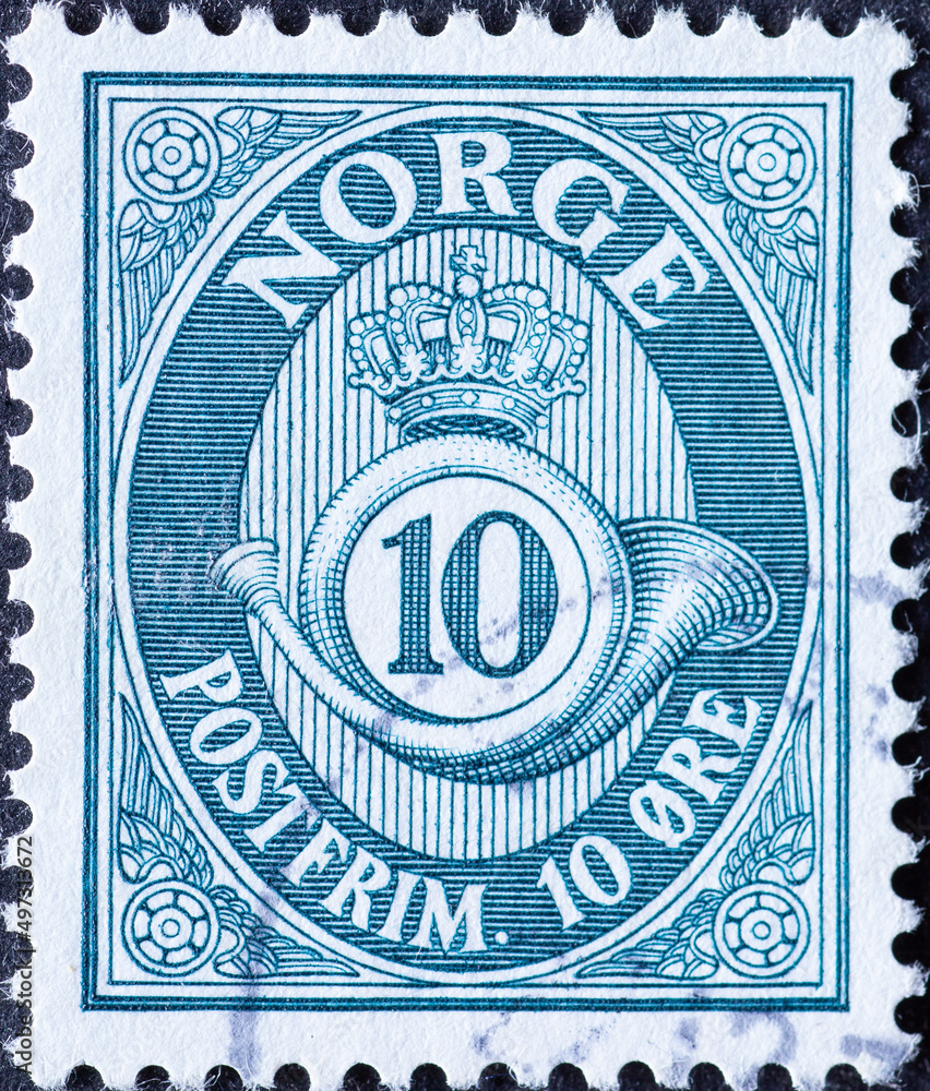 Norway - circa 1950: a postage stamp from Norway , showing a post horn ...