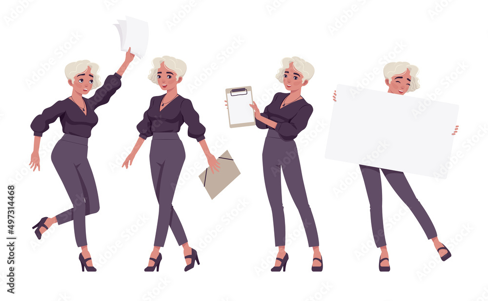 Office worker set, young businesswoman, female employee doing paper ...