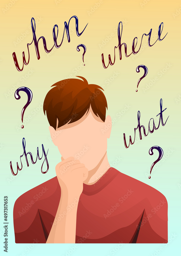 Man is thinking. Text and question marks. Thinking concept. A4 vector ...