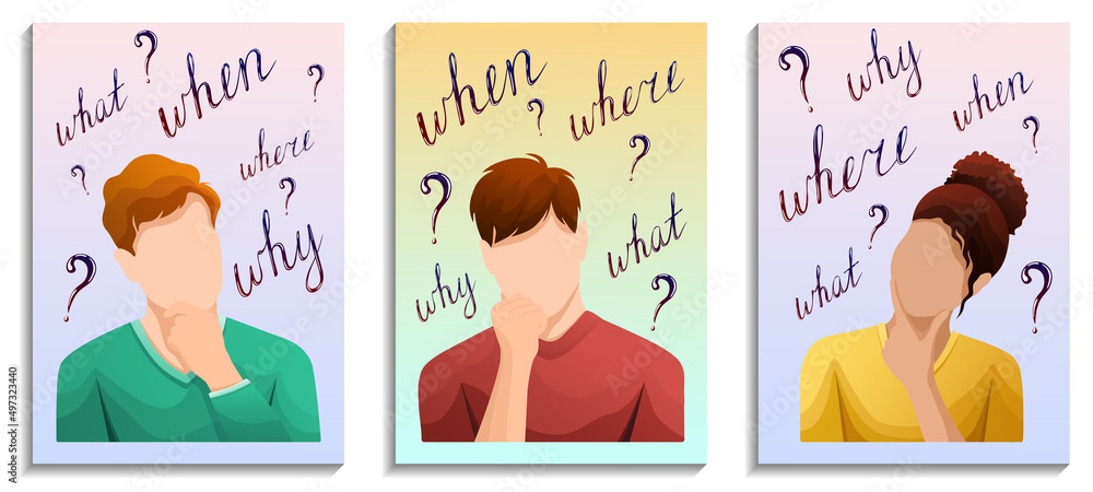 People are thinking. Text and question marks. Thinking concept. Set of ...