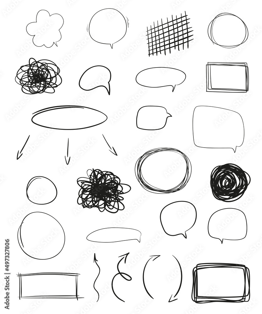 Set of hand drawn think and talk speech bubbles. Abstract symbols on ...