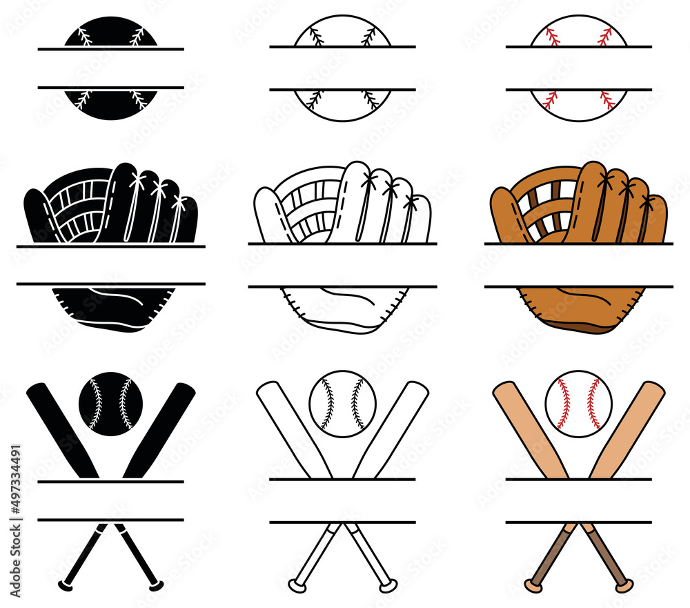 Baseball, Bat and Glove Monogram Split Template Label Set - Outline ...