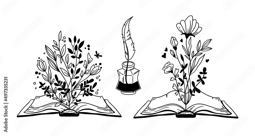 Open book and wild flowers black and white vector graphic, Floral book ...
