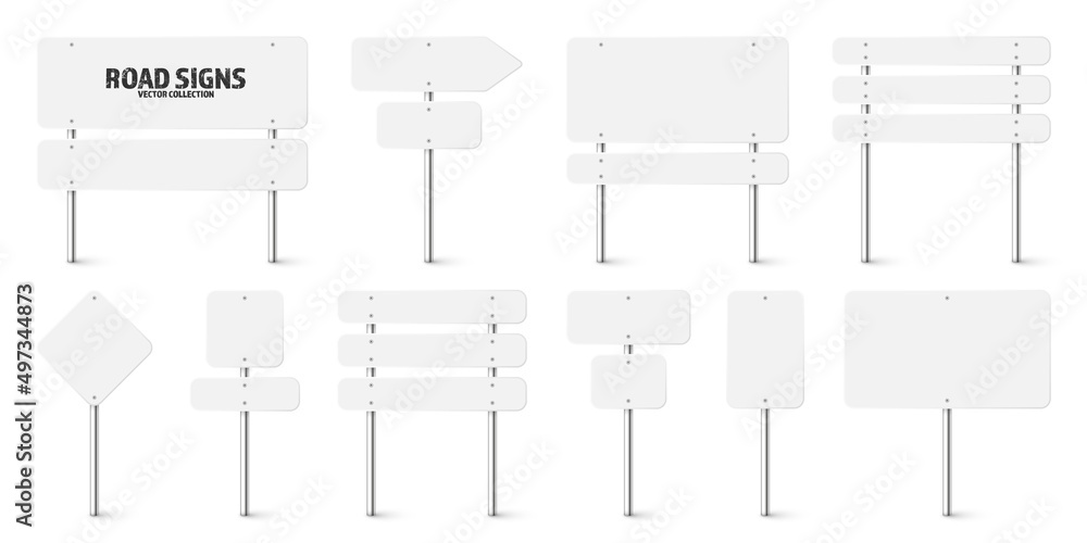 Various road, traffic signs. Highway signboard on a chrome metal pole ...