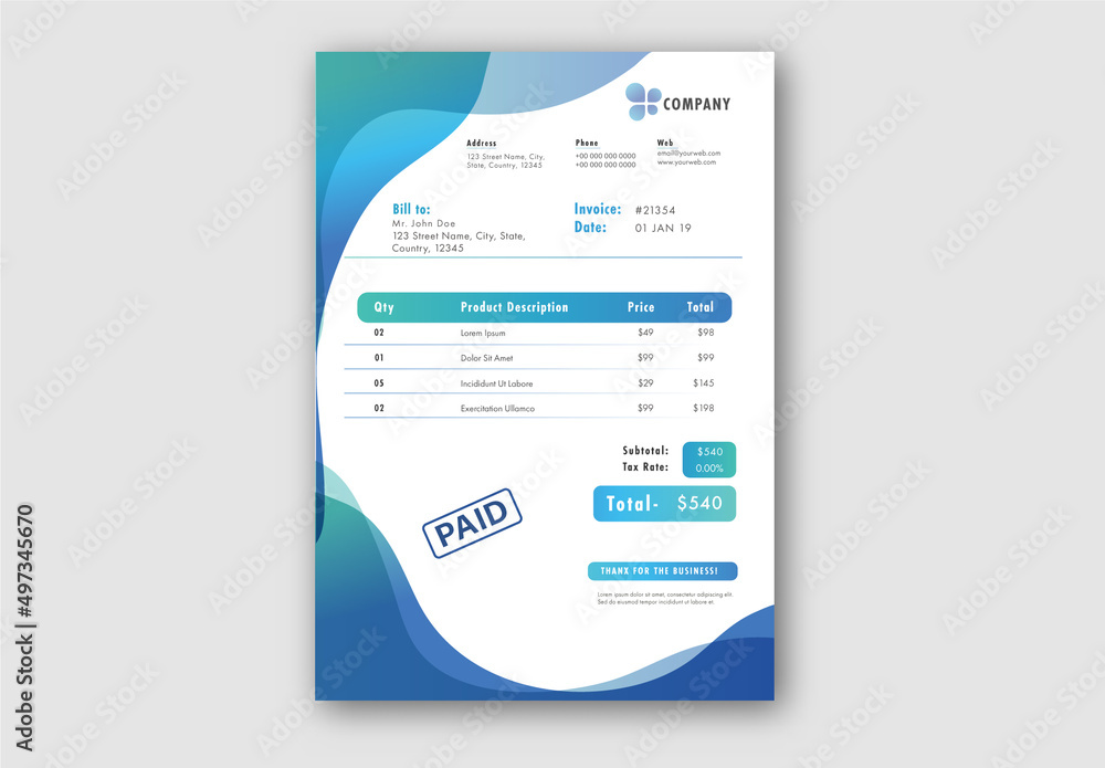 Editable Invoice Billing Layout in Blue and White Color Stock Template ...