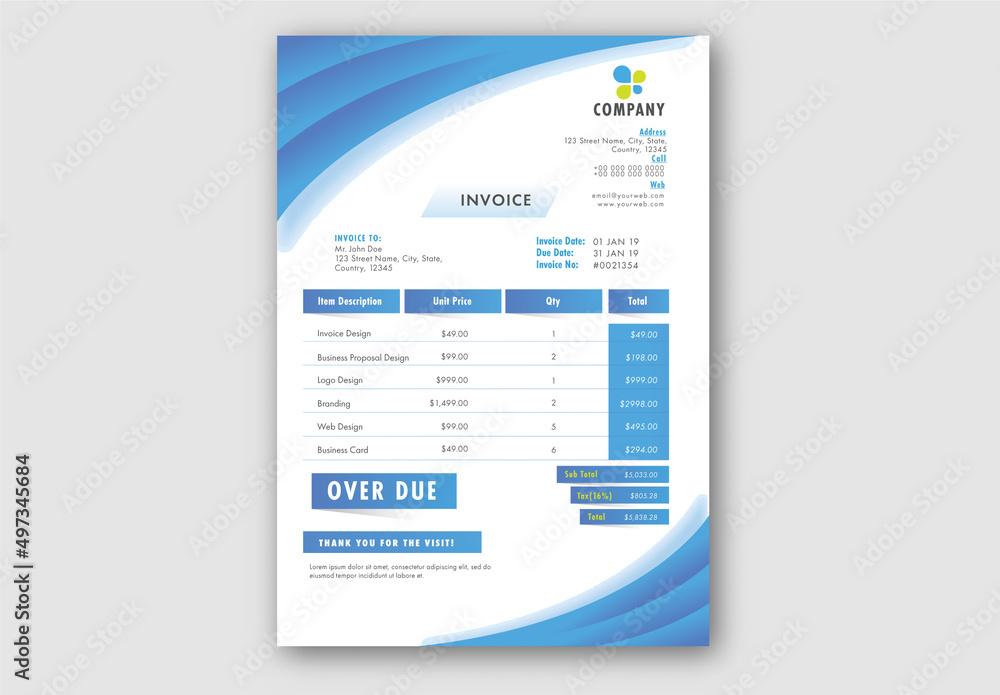 Blue and White Color Invoice Layout Design Stock Template | Adobe Stock