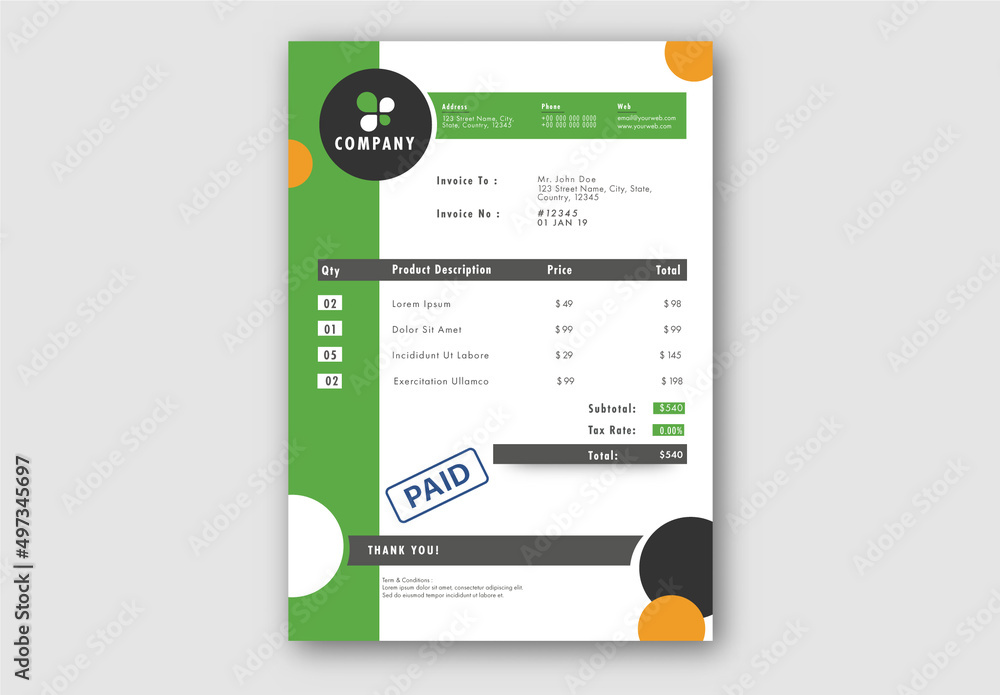 Paid Customer Invoice Billing Layout for Your Business Stock Template ...