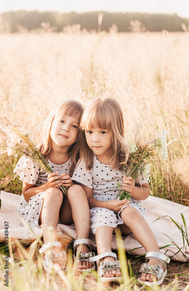 Two little happy identical twin girls playing together in nature in ...