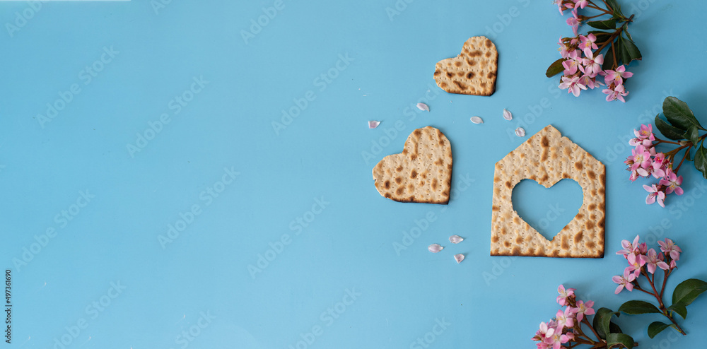blue big banner. Layout Matzah shape of heart, house with heart and ...