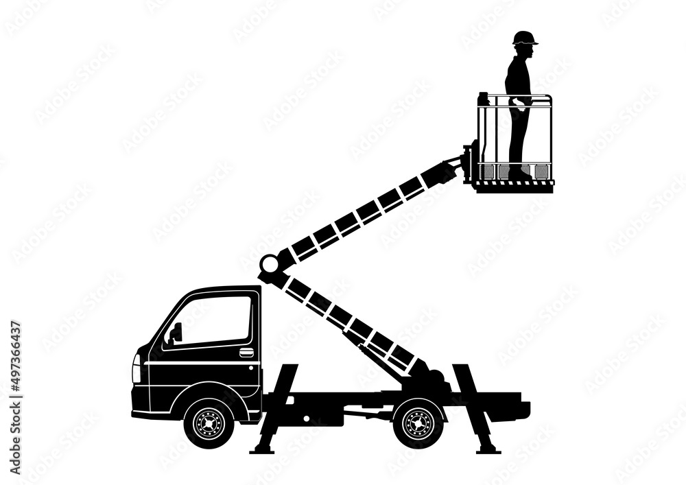 Silhouette of bucket truck. Aerial work platform with operator. Side ...