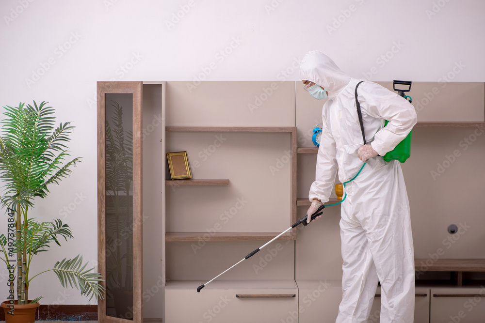 Young male contractor doing pest control at home Stock Photo | Adobe Stock