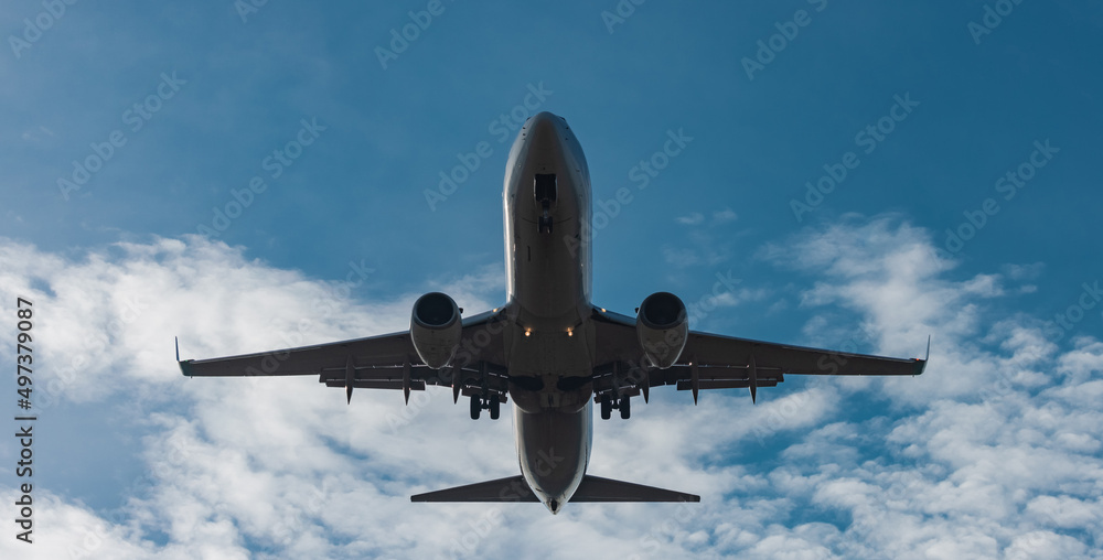 Frontal view of modern twin jet engine descending from the clouds. Low ...