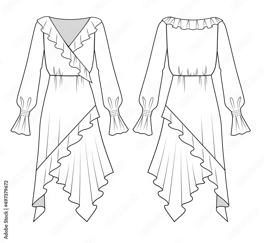 Women Dress fashion flat sketch template. Dress fashion technical ...
