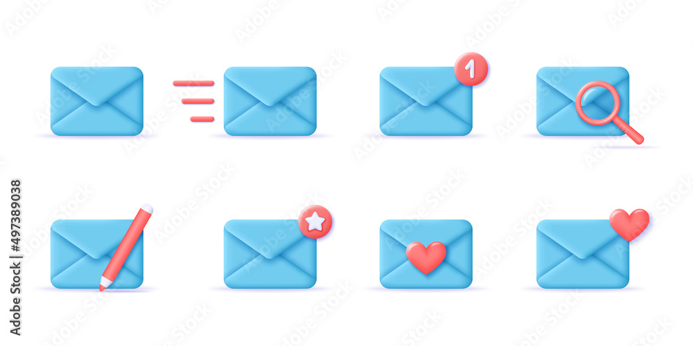 3D envelopes set icons. Render blue envelopes with numbers, pencil ...